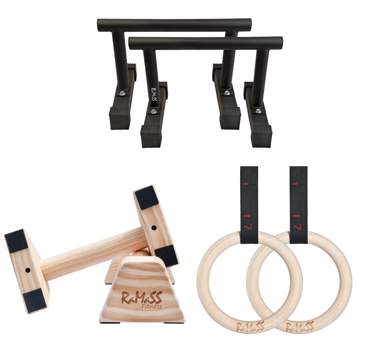 Medium Parallettes + Wooden parallettes + Gym rings Bundle UK only ...